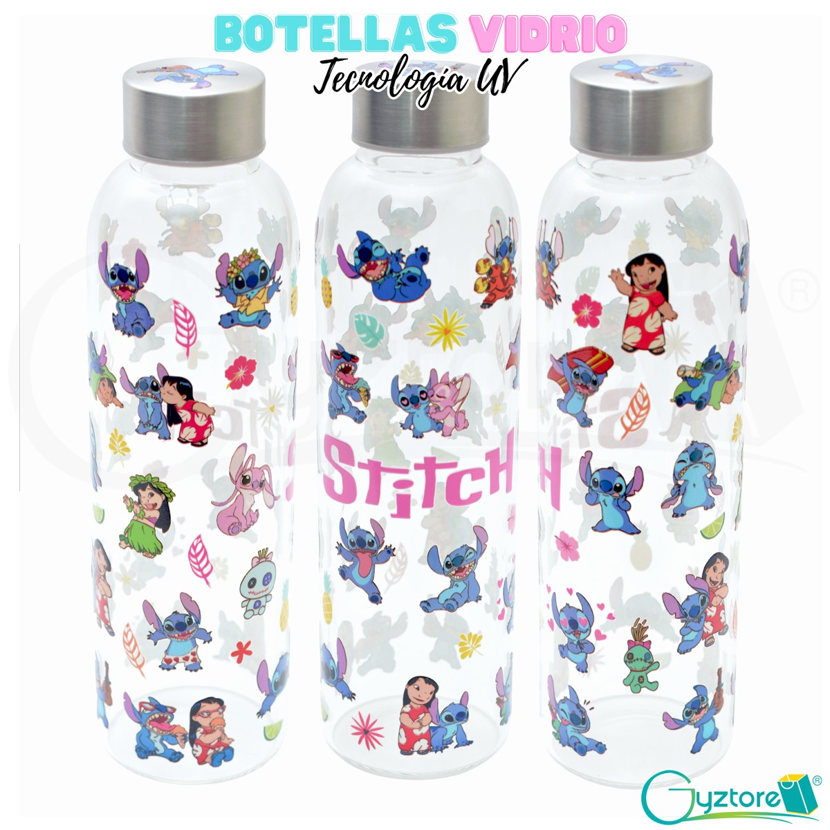 Botella de vidrio "Stitch" Stickers DTF UV